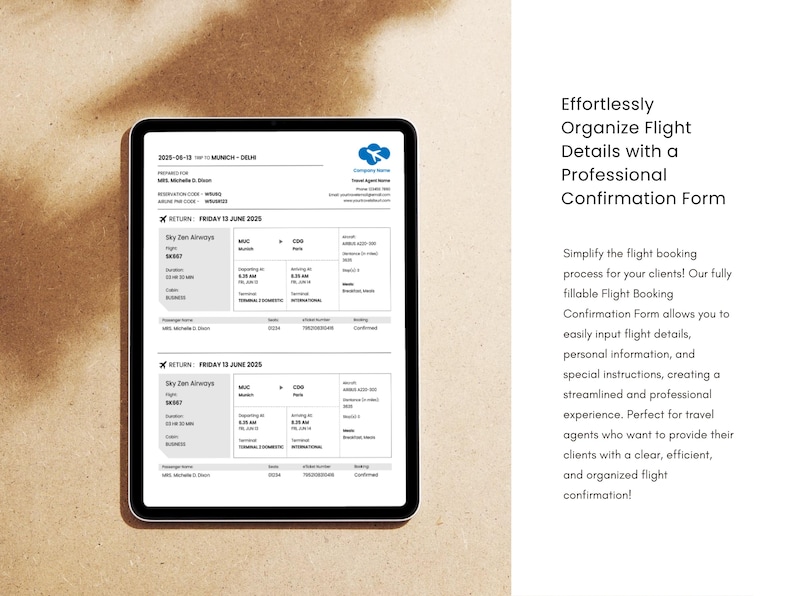 Flight Booking Confirmation Template | Editable in Canva | Travel Agent ...