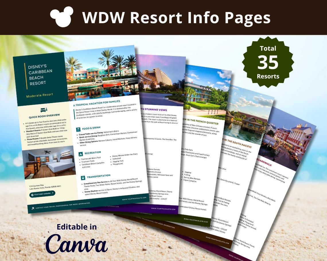 WDW Resort Info Pages for Travel Agent - Editable CANVA Template (total ...