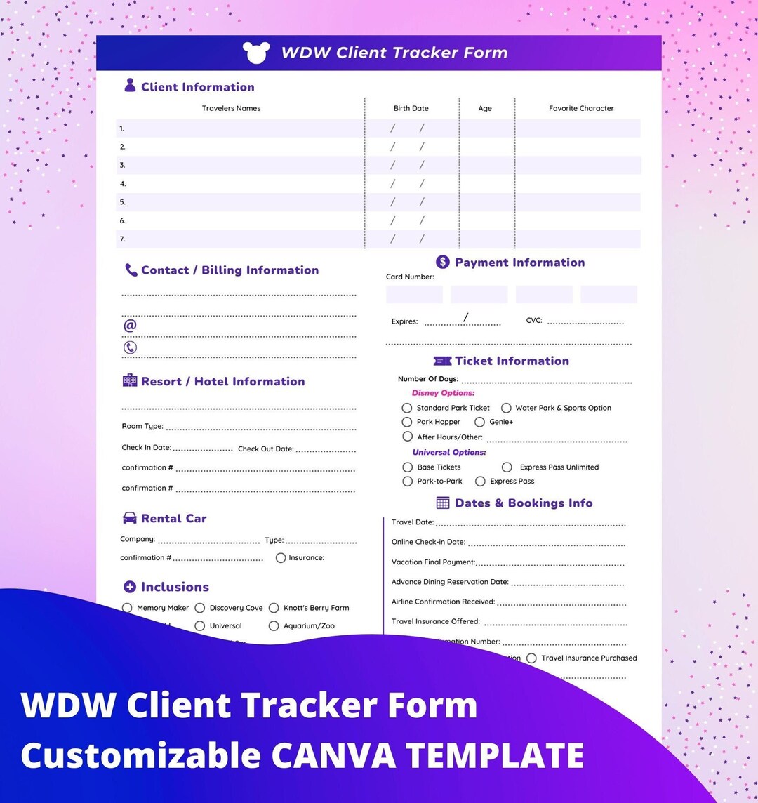 WDW Client Tracker Form for Travel Agent Canva Template - Etsy