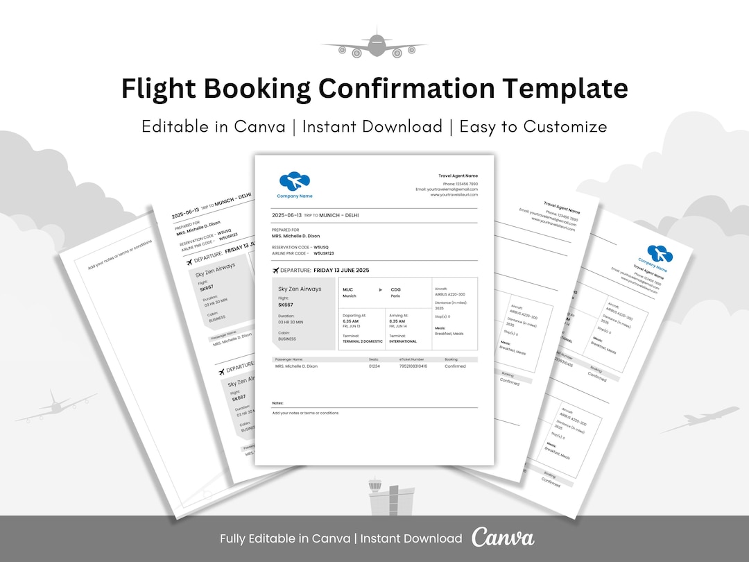 Flight Booking Confirmation Template | Editable in Canva | Travel Agent ...