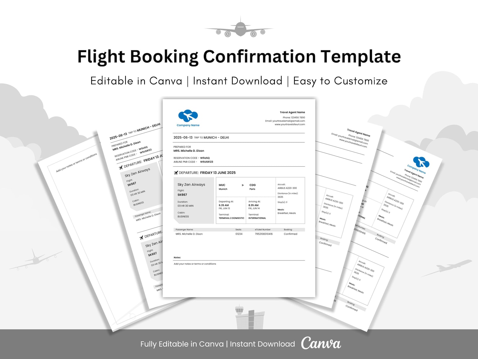 Flight Booking Confirmation Template | Editable in Canva | Travel Agent ...