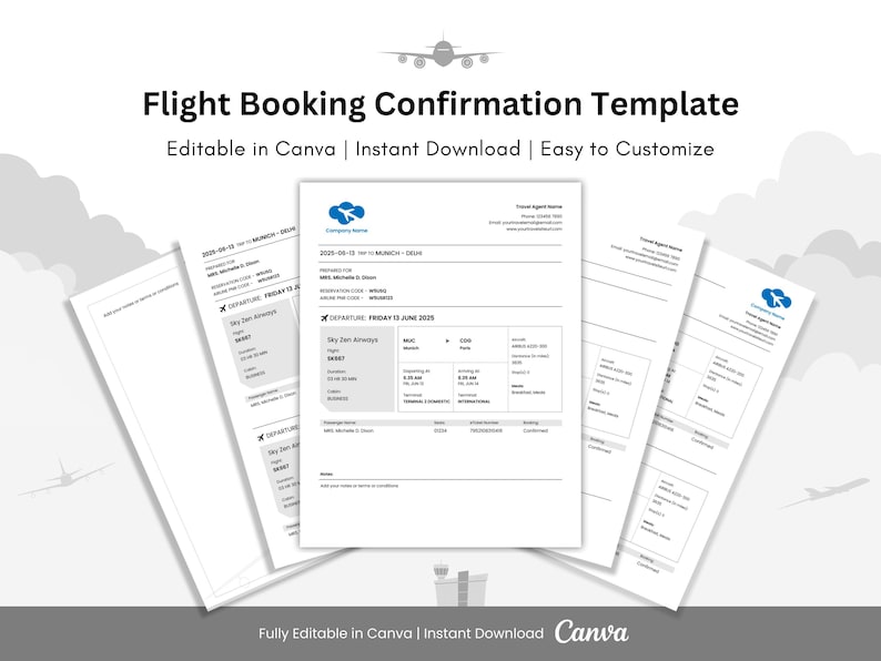 Flight Booking Confirmation Template | Editable in Canva | Travel Agent ...