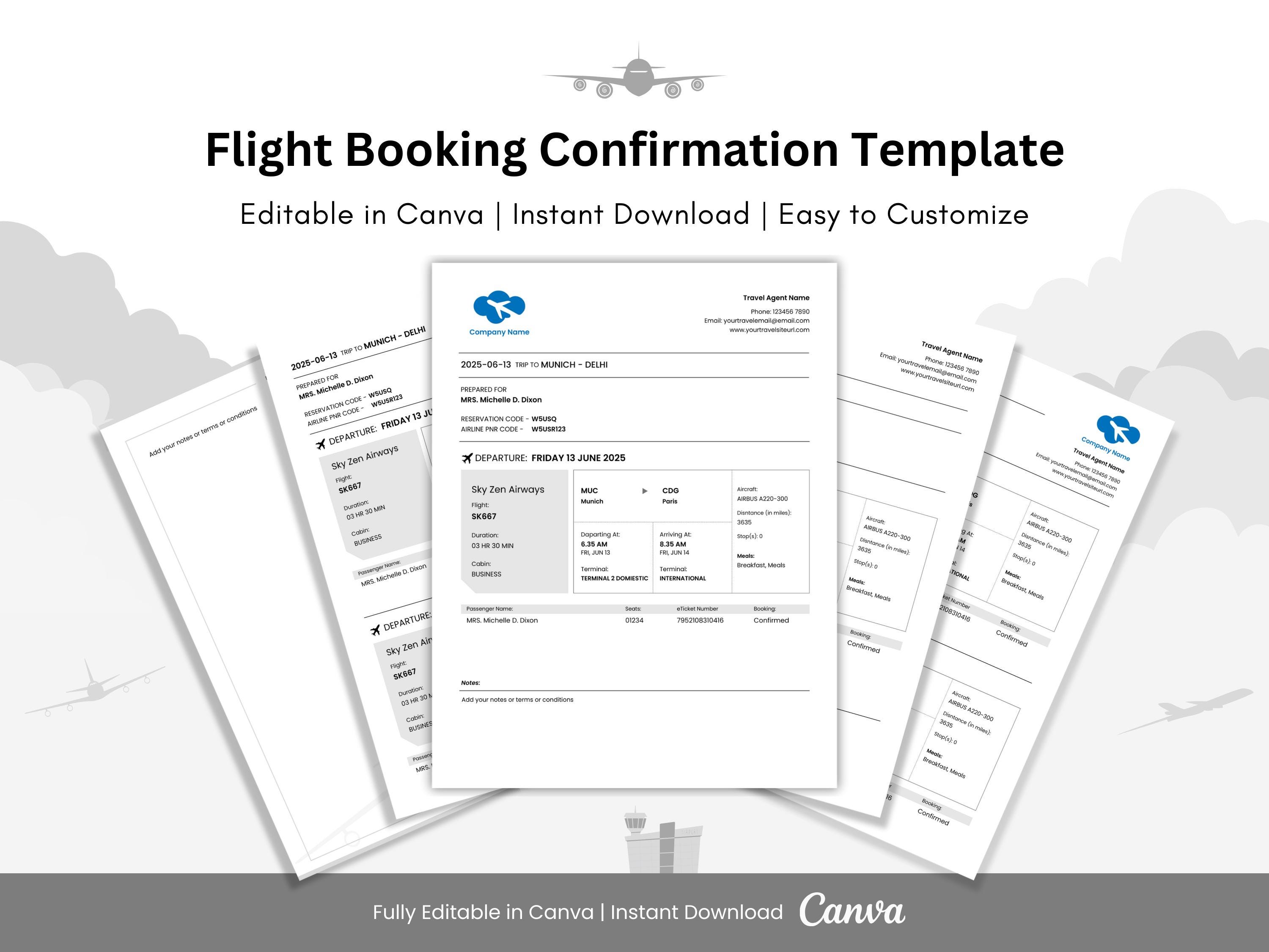 Flight Booking Confirmation Template | Editable in Canva | Travel Agent ...