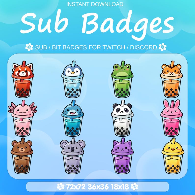 Bubble Tea Sub Badges for Twitch - 12 Animal Bubble Tea Badges, Sub ...