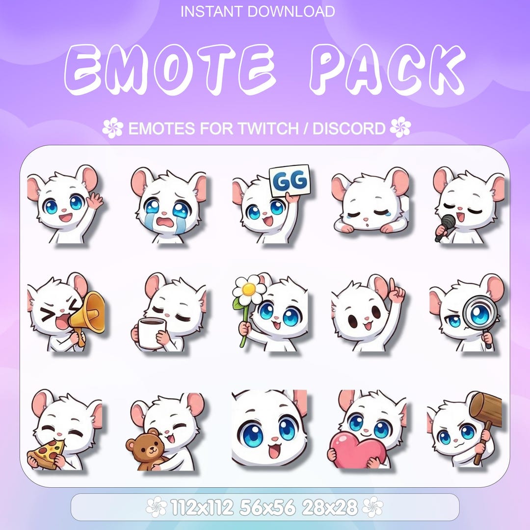 White Chibi Mouse Emote Pack for Twitch - 15 Emotes, Mouse Emotes ...