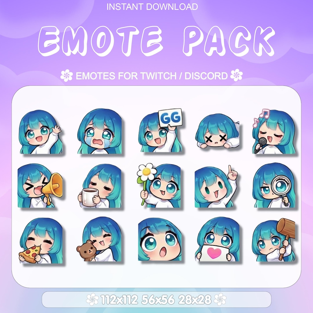 Vtube Ocean Girl Emote Pack for Twitch - 15 Emotes, Blue Ocean Hair ...