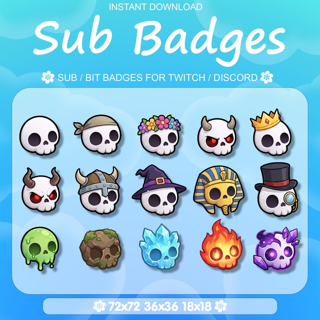 Kawaii Skull Head Badges for Twitch! - 15 Badges, Twitch Badges, Sub ...