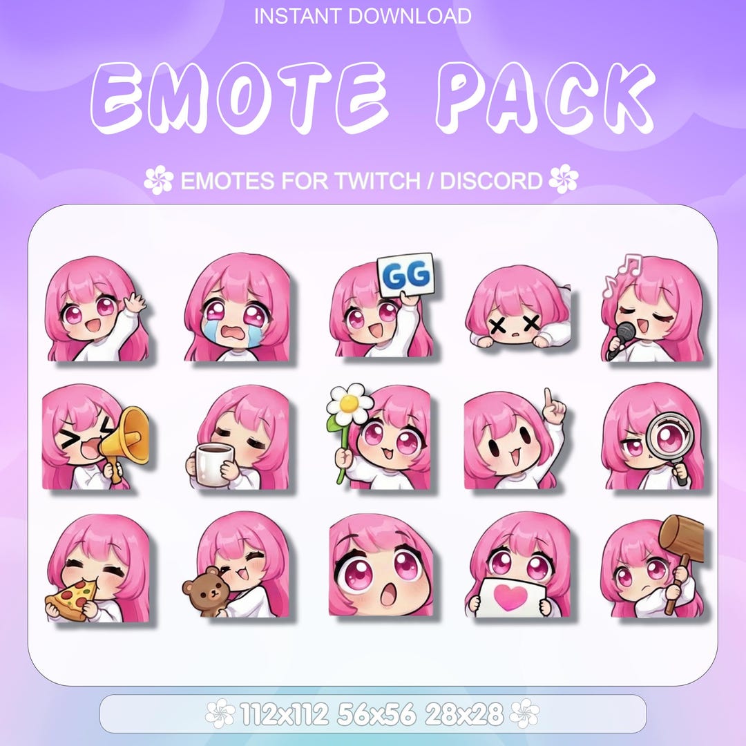 Vtube Pink Girl Emote Pack for Twitch - 15 Emotes, Pink Hair, Girl ...
