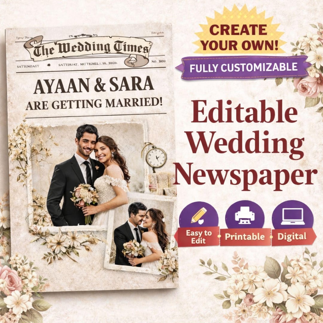 Newspaper Wedding Template, Canva Newspaper Wedding Invitation,wedding ...