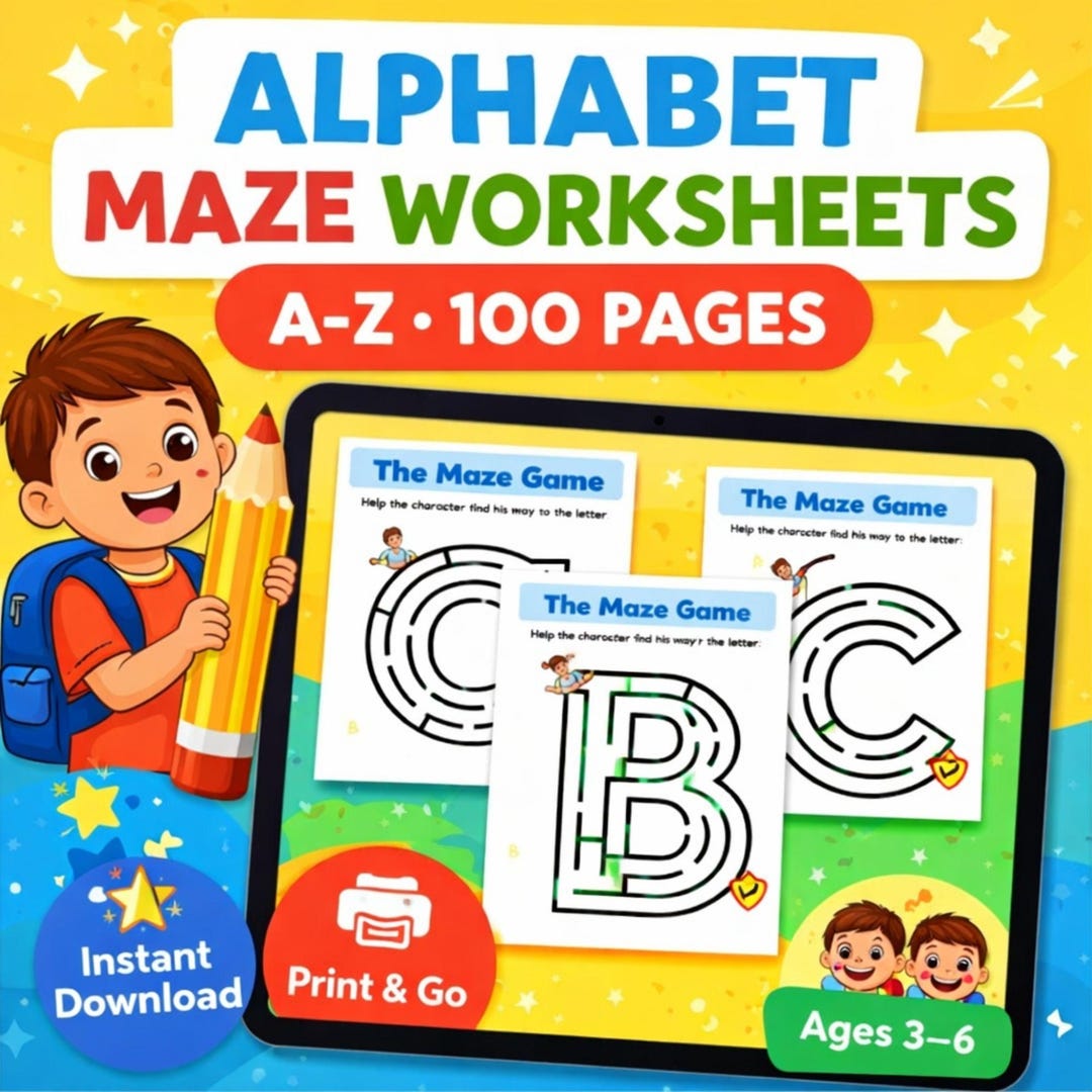 Alphabet Maze Worksheets A-Z Printable | 100 Pages Letter Mazes for ...