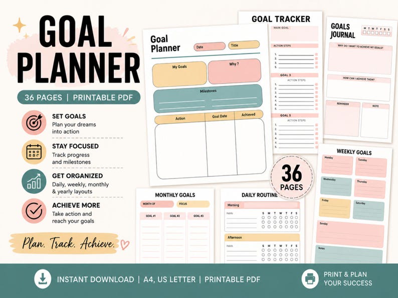 Goal Planner Printable Bundle, 36-page PDF, A4 & US Letter, Daily ...
