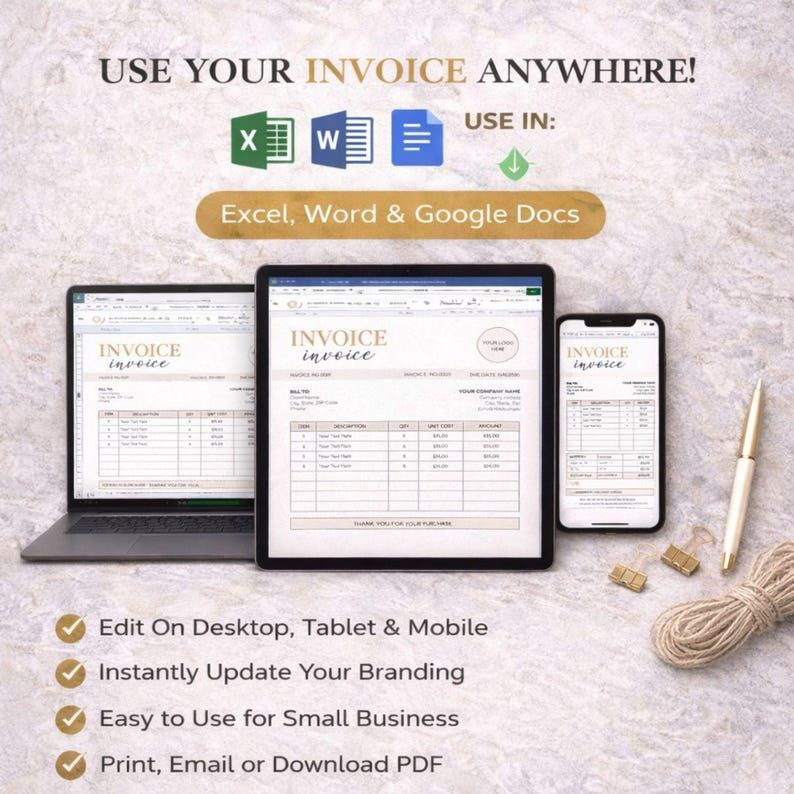 Editable Invoice Template | Excel Word & Google Docs Invoice for Small ...