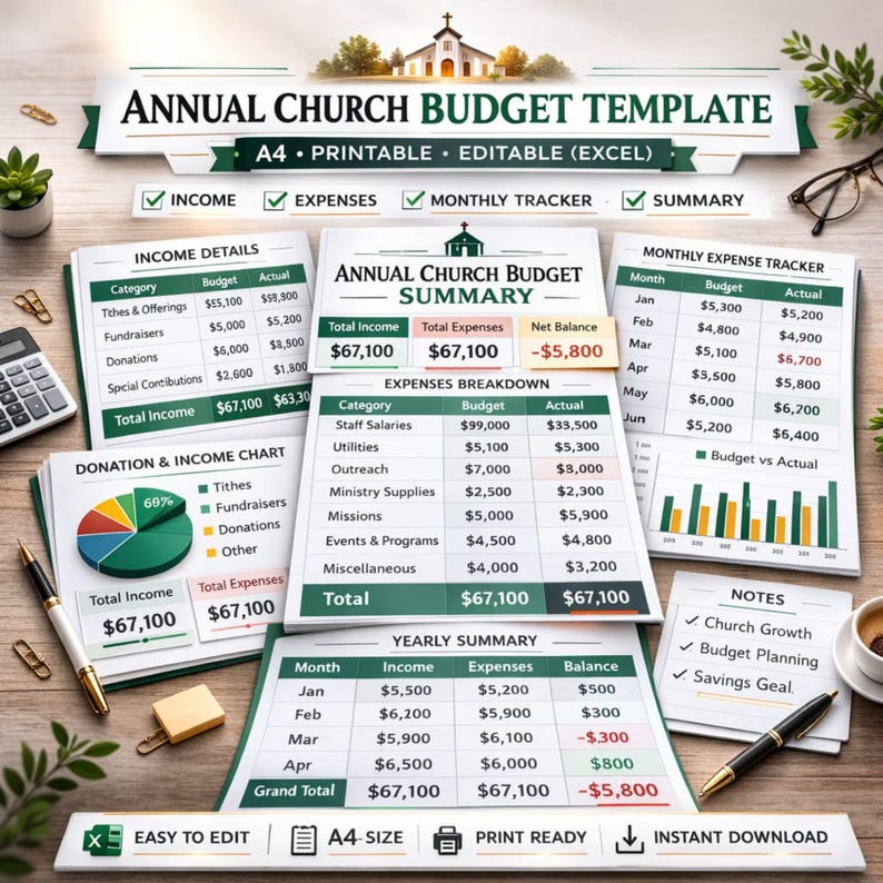 Annual Church Budget Template Printable, Ministry Finance Planner A4 ...