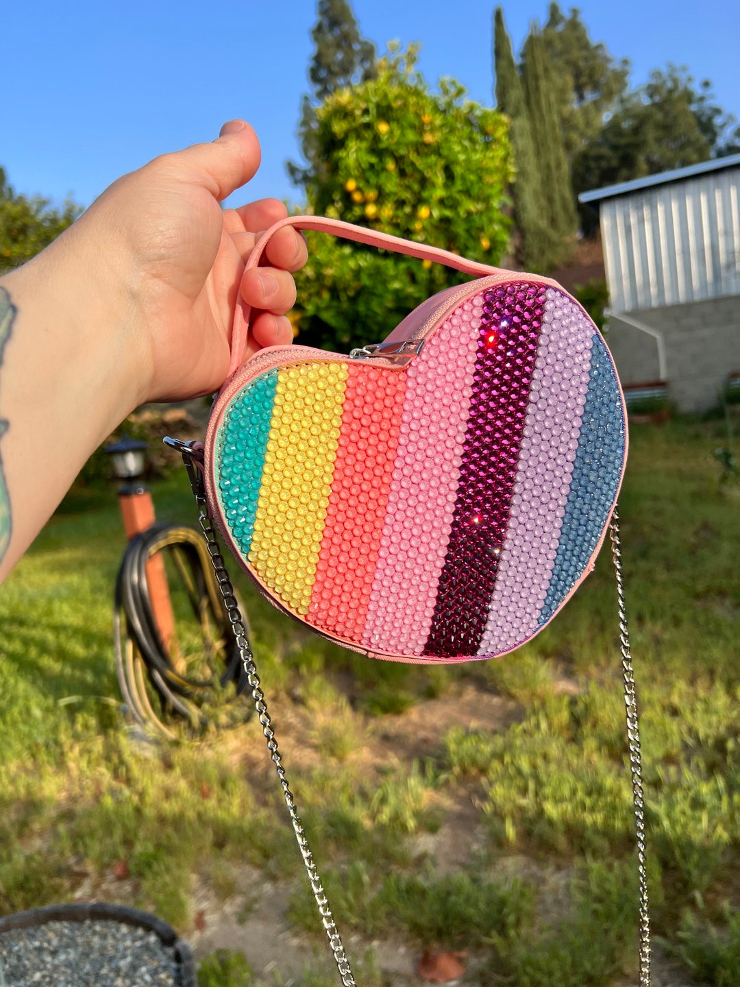 Custom Bedazzled Rhinestone Rainbow Heart Cross Body Purse/bag With ...