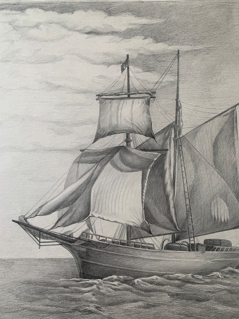 Original Pencil Drawing/“ocean Voyage” Graphic/ Ship Hand Drawing/old ...