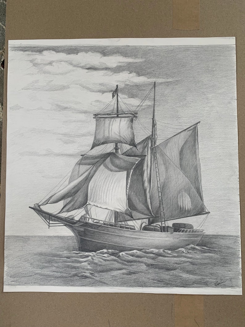 Original Pencil Drawing/“ocean Voyage” Graphic/ Ship Hand Drawing/old ...