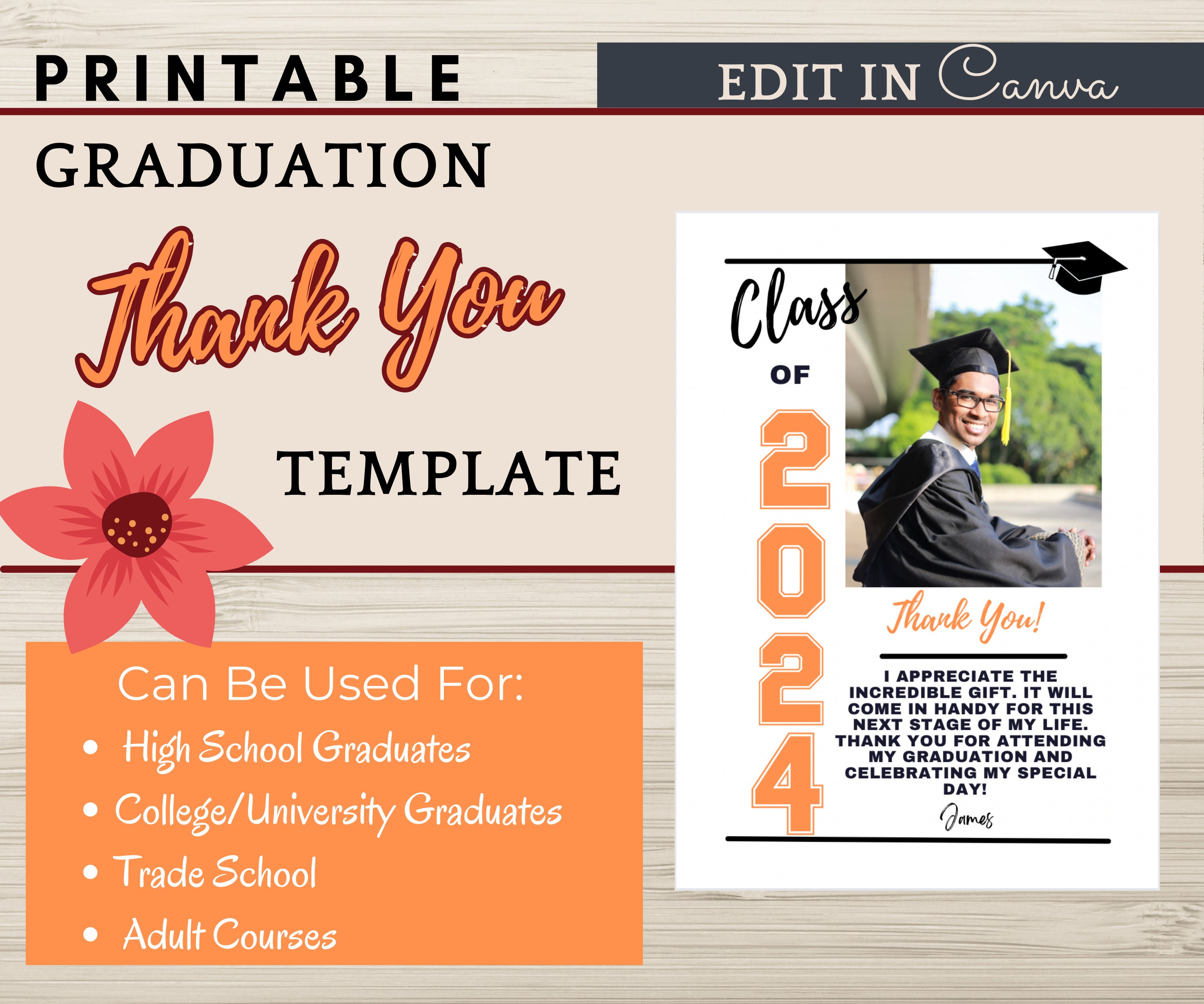 PRINTABLE Graduation Thank You Card Template, High School, College ...
