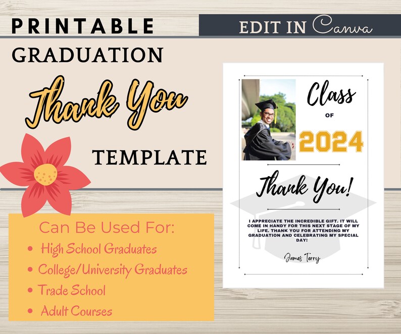 PRINTABLE Graduation Thank You Template, High School, College, Edit in ...