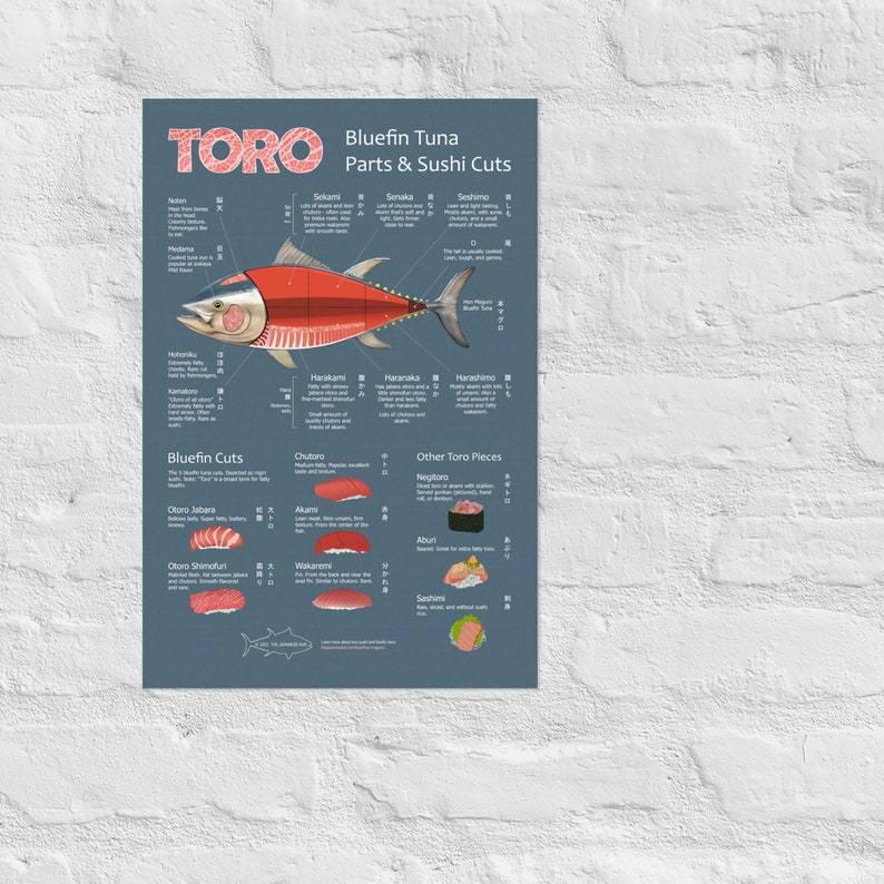 Toro Sushi Poster: 12 X 18 toro Anatomy Bluefin Tuna Cuts & Sushi Types ...