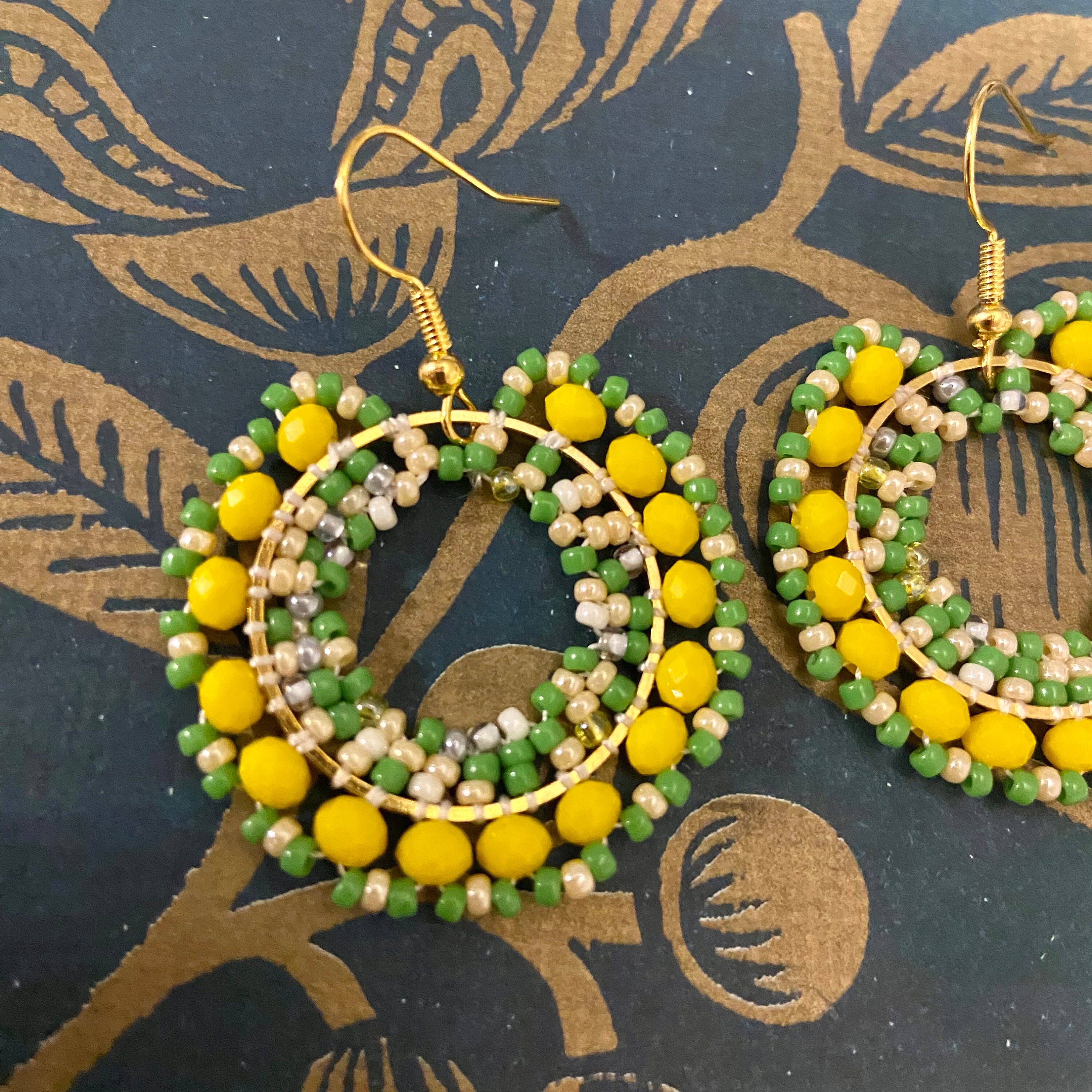Bright Yellow Hoop Earrings, Beaded Ear Hoops, Statement Earrings, Boho ...
