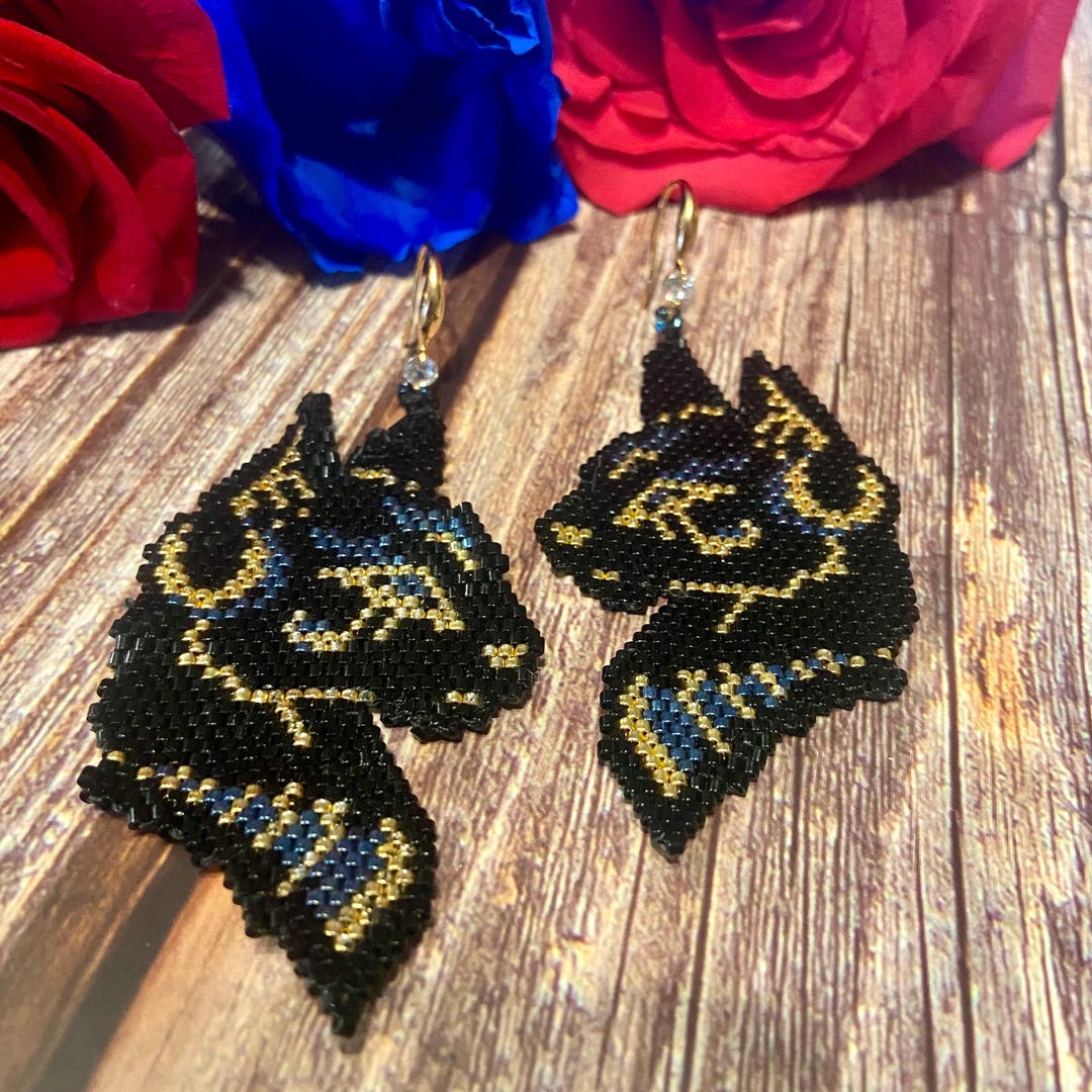 Hand Beaded Earrings, Miyuki Seed Bead Earrings, Black Cat Earrings, Long Dangle Earrings ...