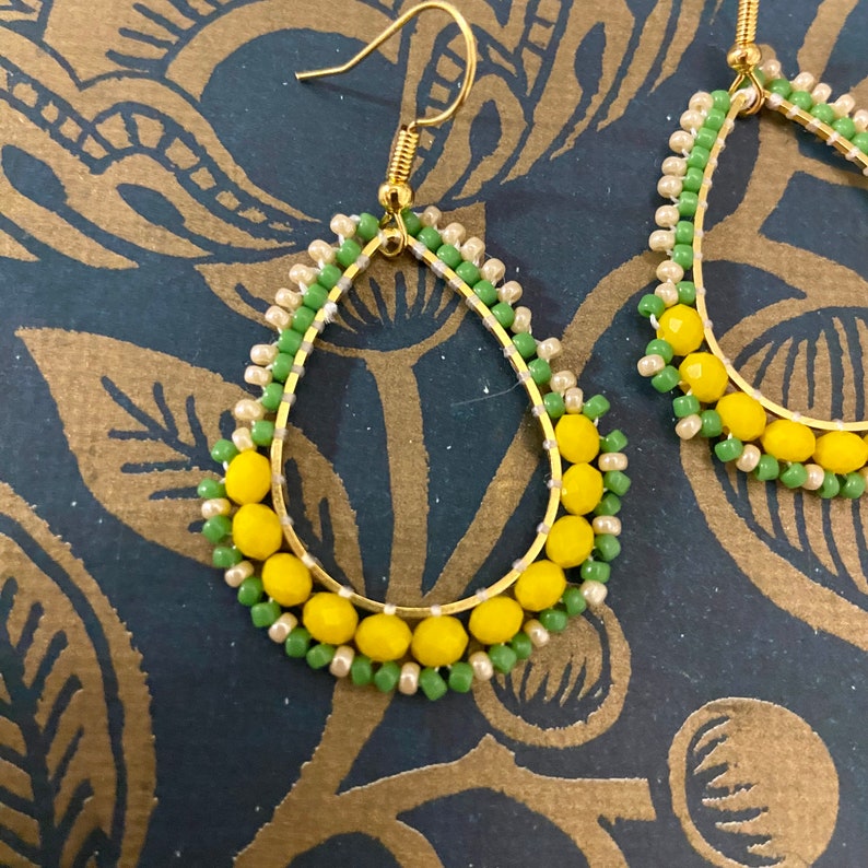 Bright Yellow Hoop Earrings, Beaded Ear Hoops, Statement Earrings, Boho ...