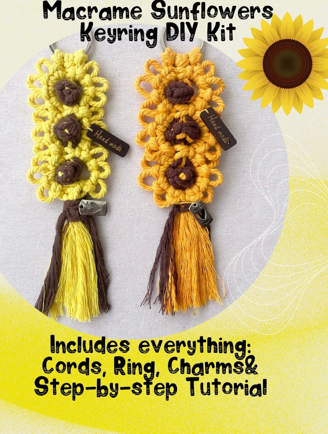 Macrame DIY Kit Sunflowers Keying With Cord, Ring, Charm and Tutorial ...