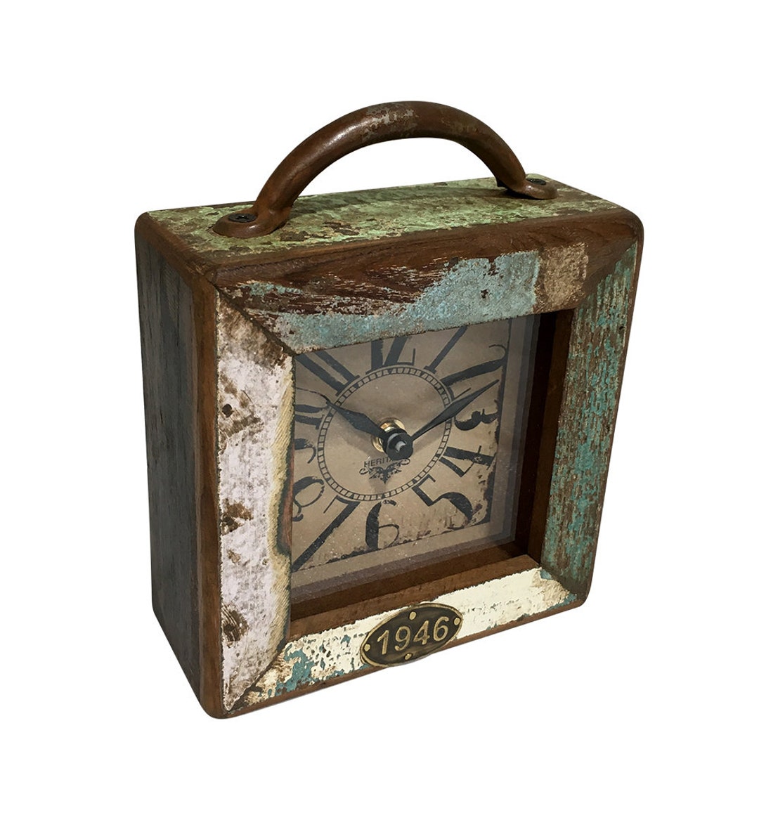 Small Square Table Clock - Made From Recycled Wood | Brass | Fully ...