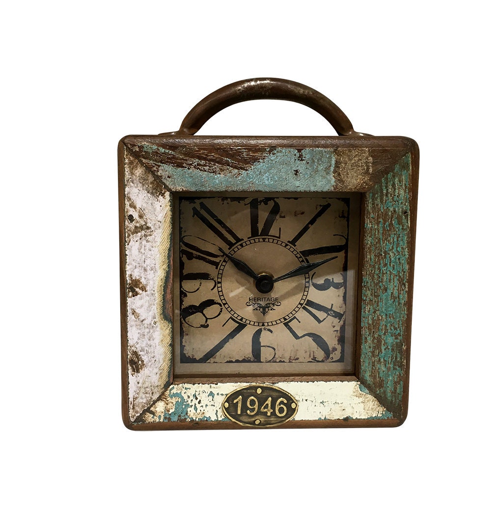 Small Square Table Clock - Made From Recycled Wood | Brass | Fully ...