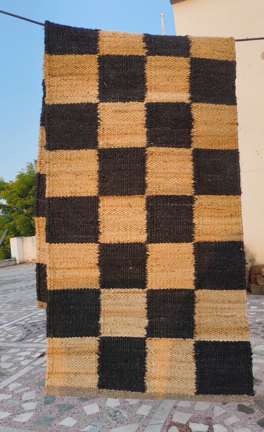 Checkered Jute Rug, Raw Jute Checkboard Rug for Living Room, Custom ...