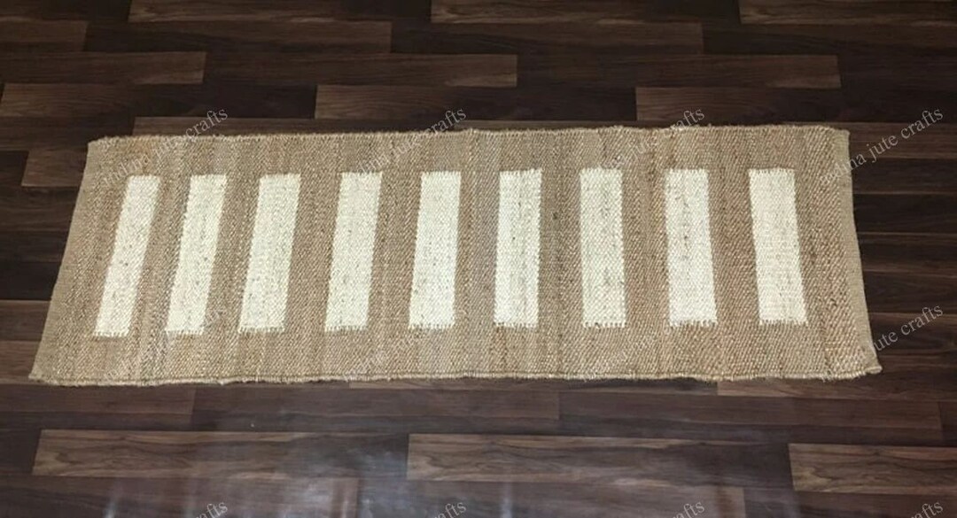 Natural Jute Runner With White Box Patten, Self-fit Stair Runner ...