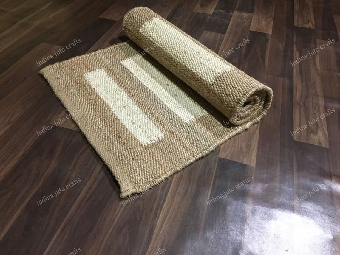 Natural Jute Runner With White Box Patten, Self-fit Stair Runner ...