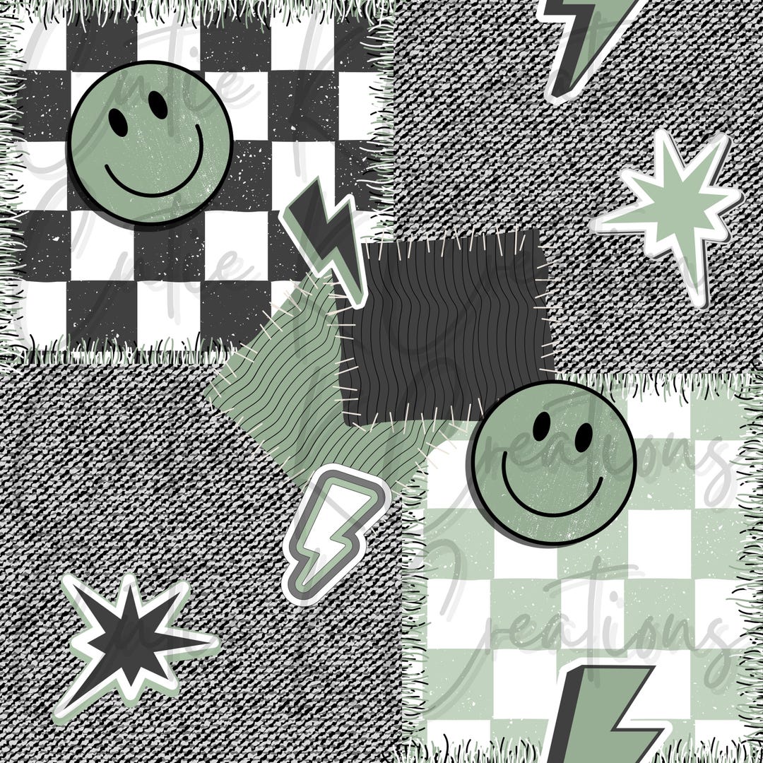 Sage Green Retro Lightning Bolt Smiley Patchwork Seamless File - Etsy