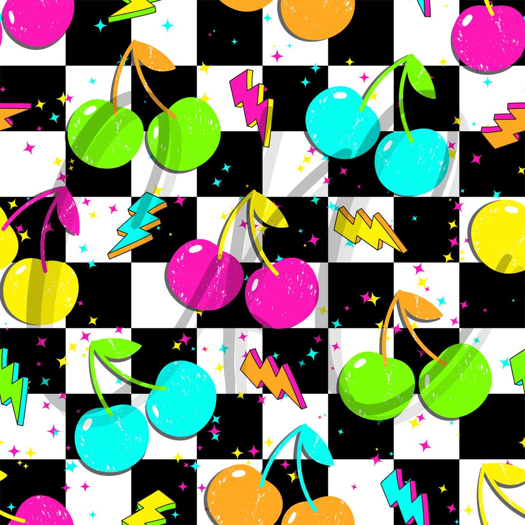 Checkered Neon Cherries Retro Lightning Bolt Seamless File - Etsy