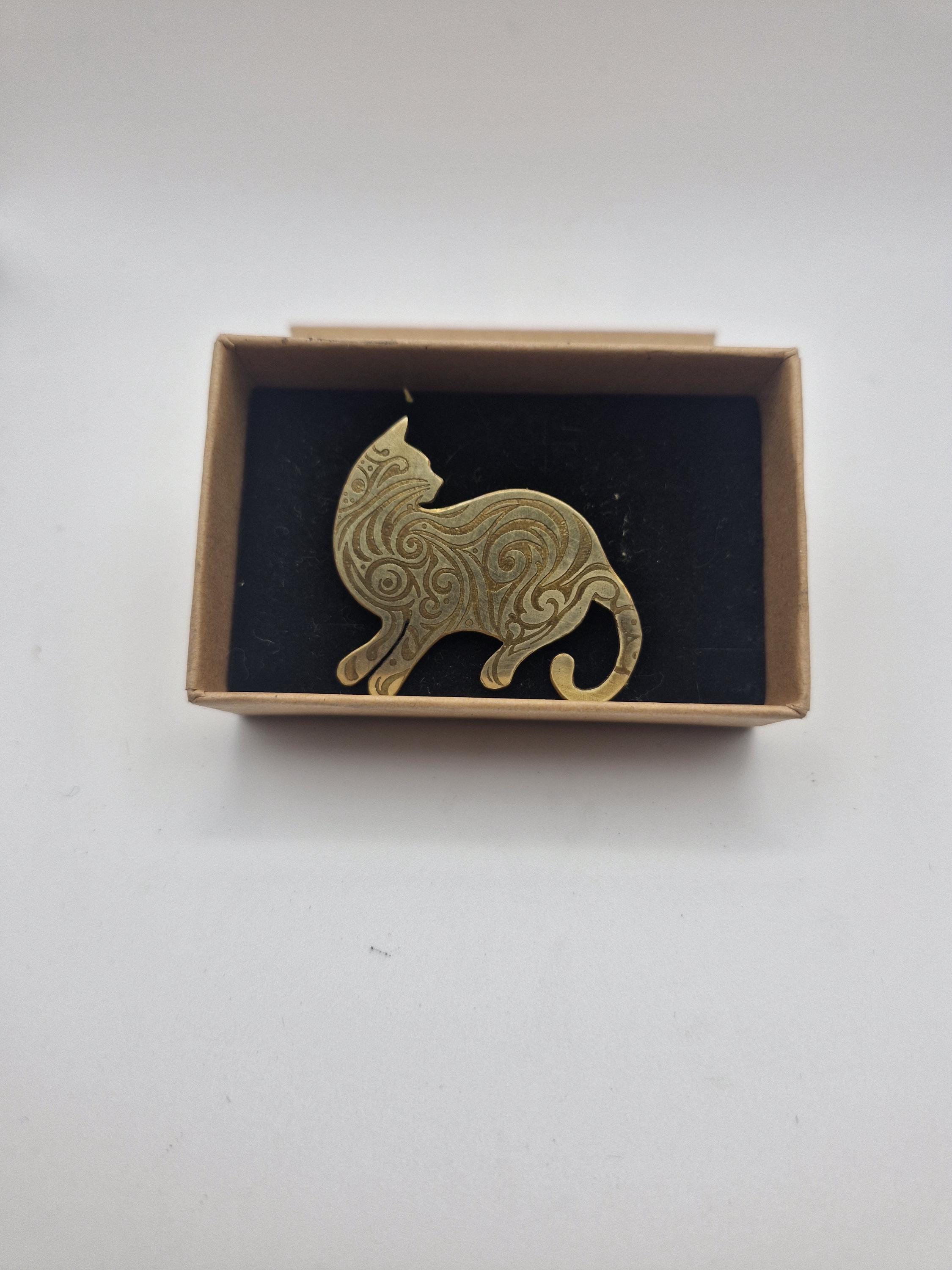 Brass Cat Pin: Recycled Etched Tabby Brooch, Swirly Cat Face Badge - Etsy