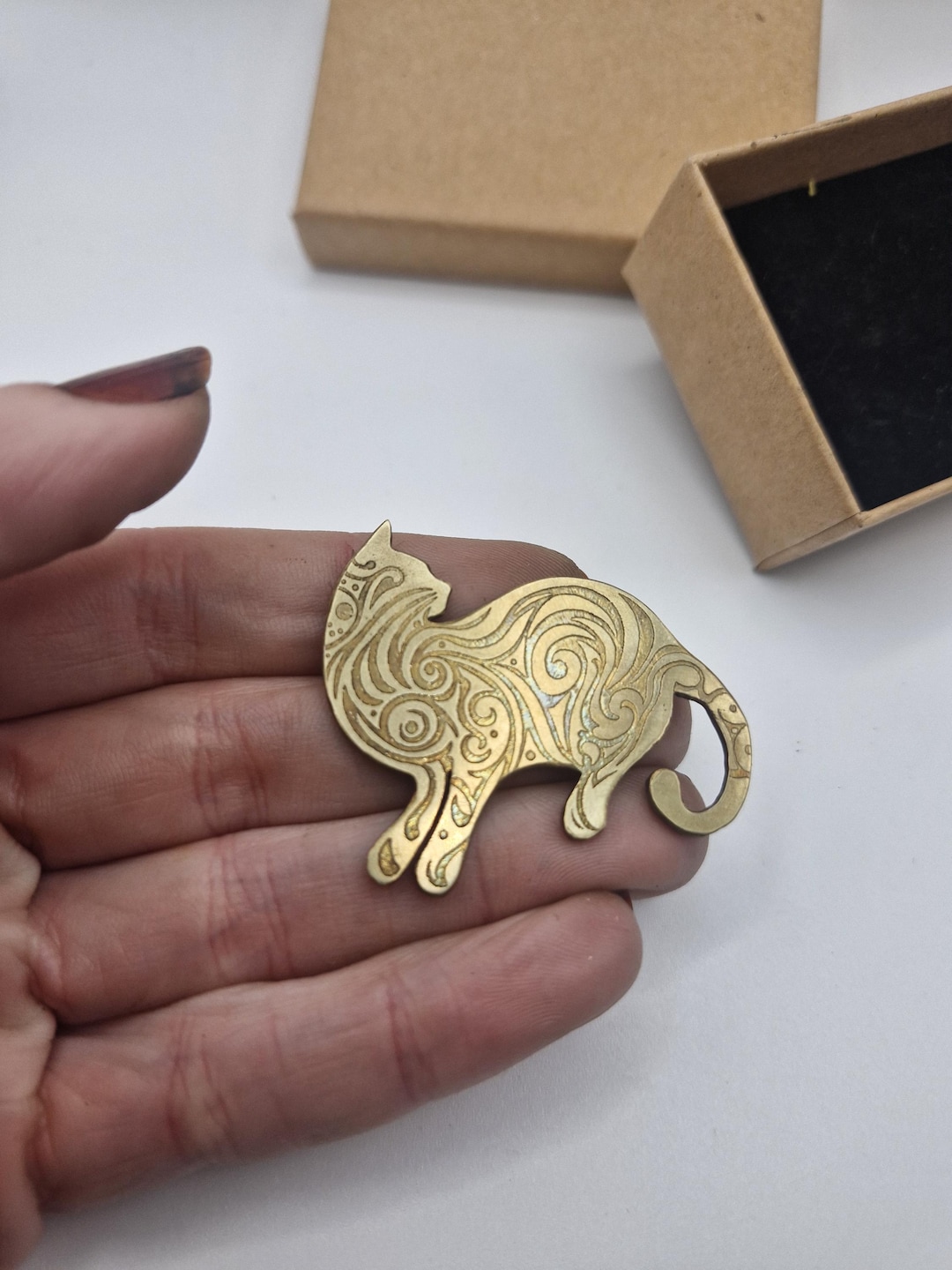 Brass Cat Pin: Recycled Etched Tabby Brooch, Swirly Cat Face Badge - Etsy