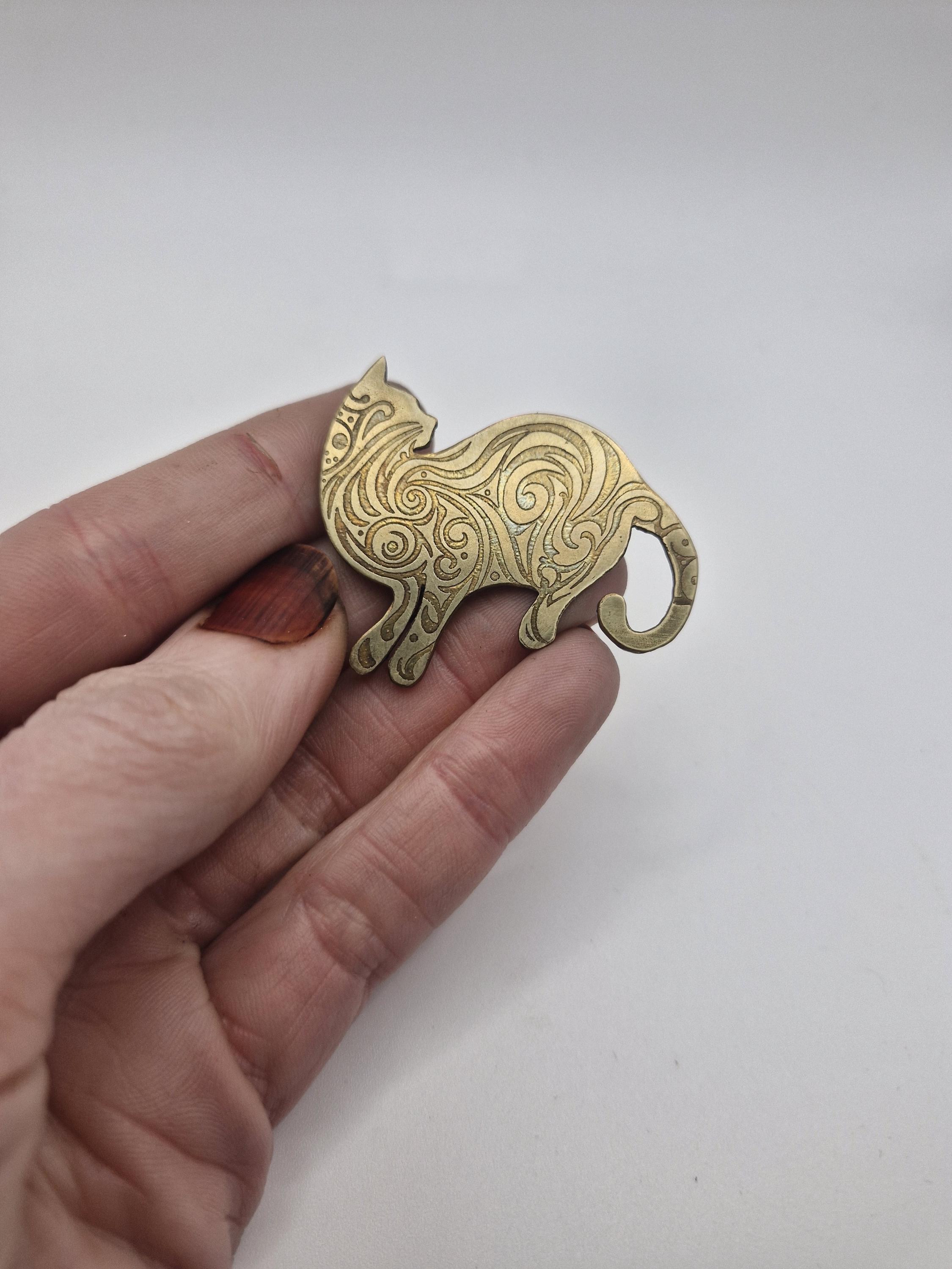 Brass Cat Pin: Recycled Etched Tabby Brooch, Swirly Cat Face Badge - Etsy