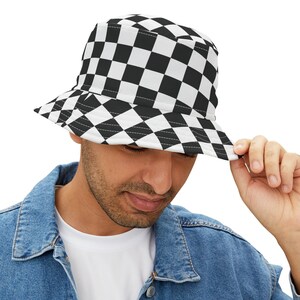 Checkerboard Bucket Hat AOP Hat With Design Black & White Bucket Hat ...