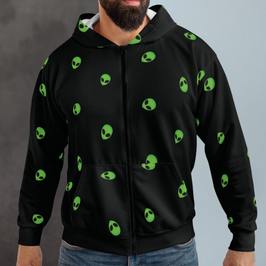 Alien Face Zip Hoodie: Green & Black Fleece Jacket - Etsy