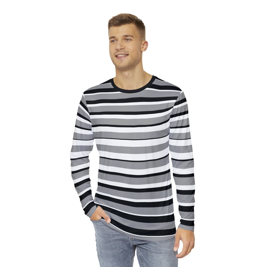Men's Black & White Striped Shirt Long Sleeve Striped T-shirt Gray ...