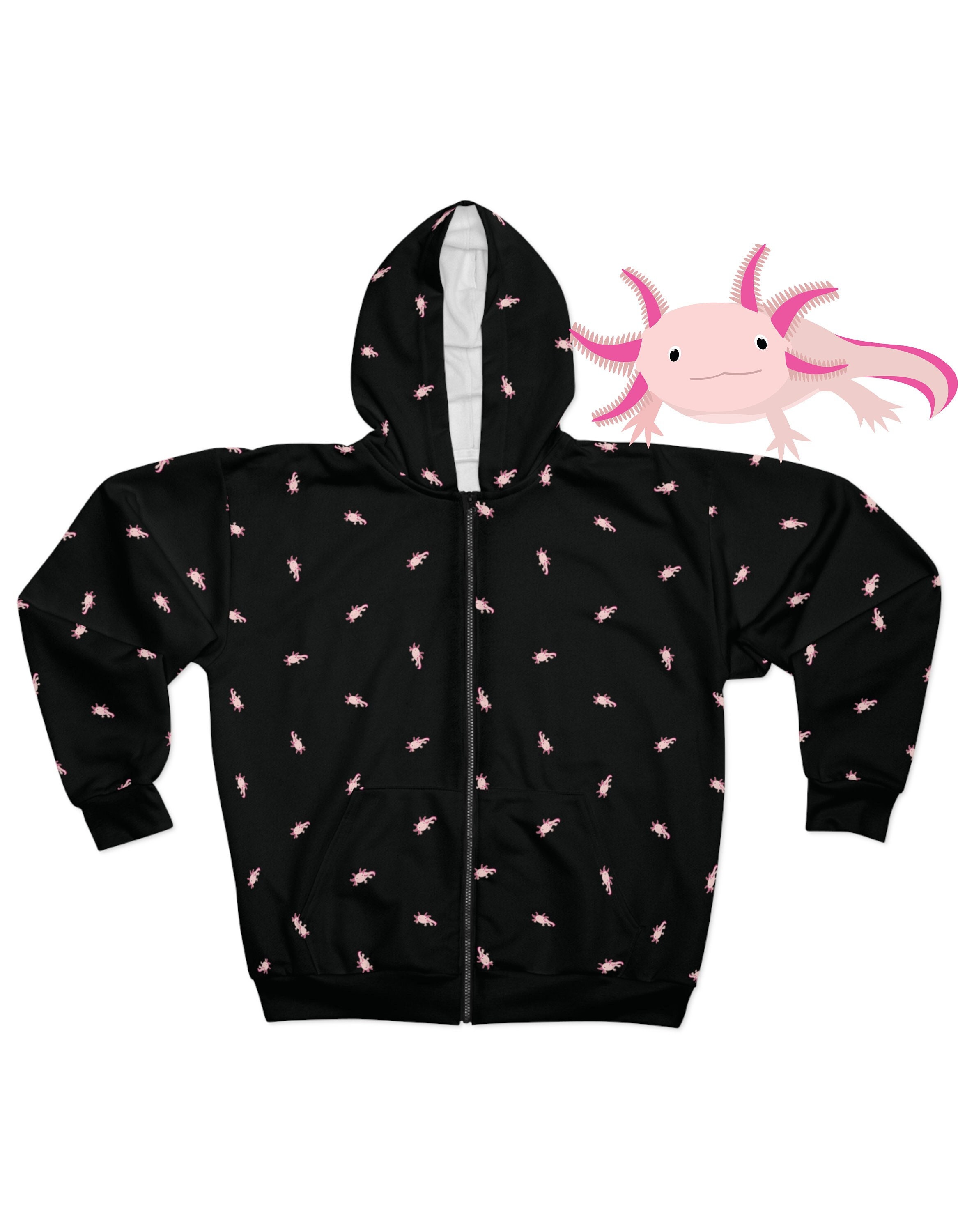 Axolotl Zip Hoodie Pink & Black Hoodie Women's Axolotl Hoodie Long Sleeve Axolotl Fleece Jacket ...
