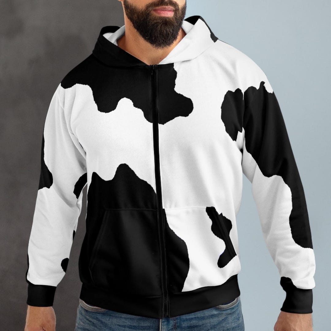 Cow Print Hoodie Black & White Zip Hoodie Animal Print Hooded Jacket ...