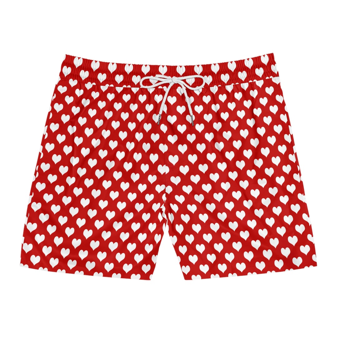 Heart Swim Trunks Red & White Swim Shorts Valentine's Day Swimsuit Men ...
