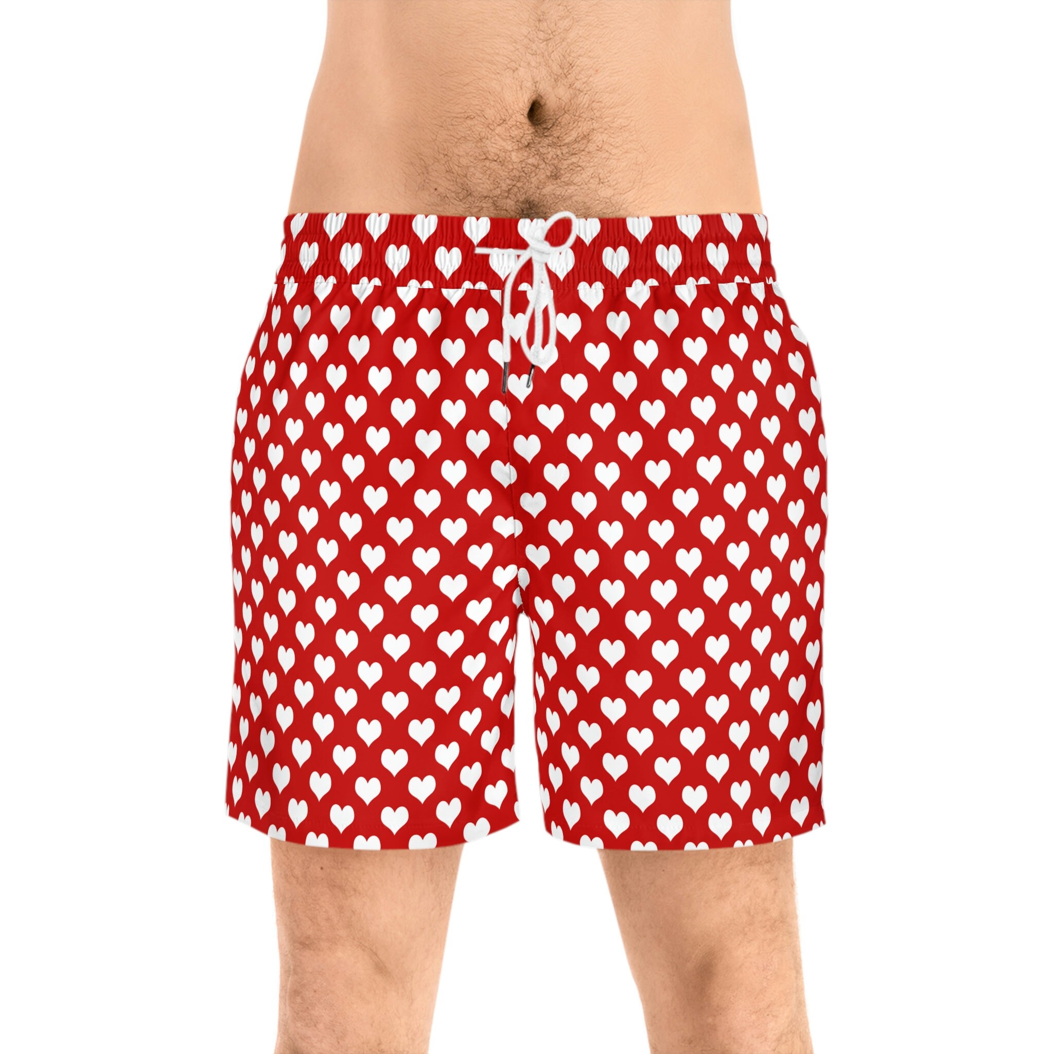 Heart Swim Trunks Red & White Swim Shorts Valentine's Day Swimsuit Men ...