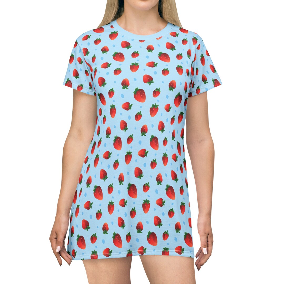 Strawberry Dress Blue Strawberry Pattern T-shirt Dress Cute Blue & Red ...