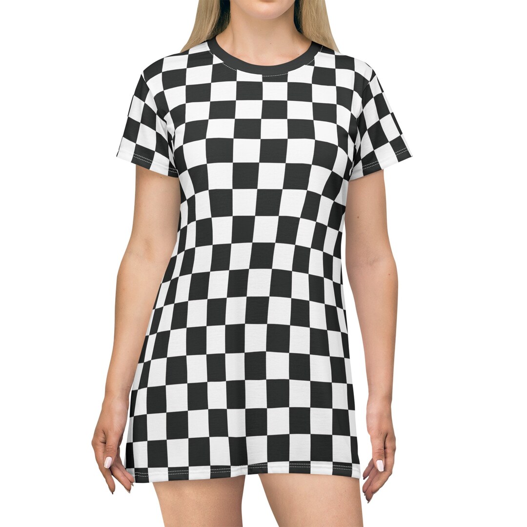 Checkerboard Dress Black & White T-shirt Dress Racing Fan Dress Checked ...