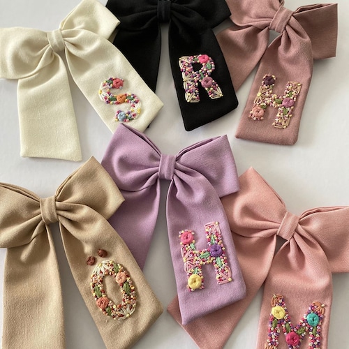 Initial Hand Embroidered Bow - Etsy