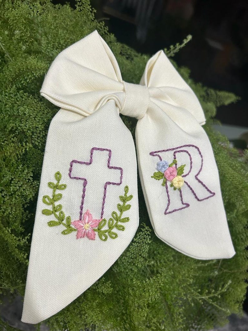 Initial Hand Embroidered Bow With Cross Custom Initial Bow - Etsy