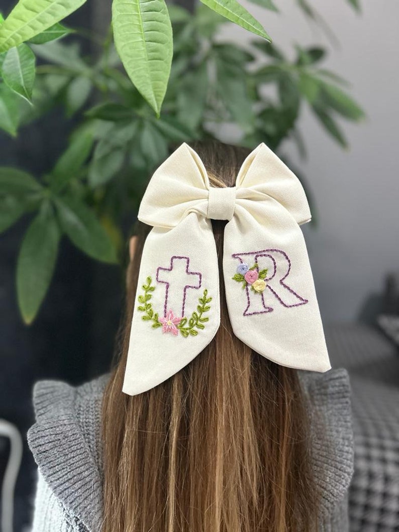 Initial Hand Embroidered Bow With Cross Custom Initial Bow - Etsy