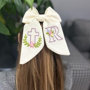 Initial Hand Embroidered Bow With Cross - Custom Initial Bow With Cross ...